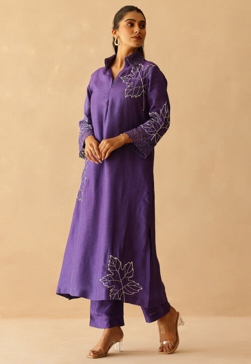 Buy Embroidered Pure Silk A Line Kurta Set in Purple Online : TRL71 ...