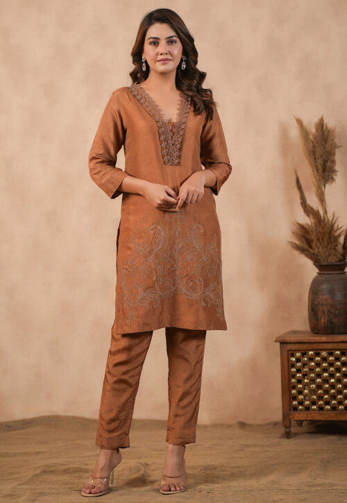 Buy Embroidered Pure Silk Pakistani Suit in Brown Online : KJY908 ...