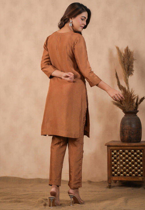 Buy Embroidered Pure Silk Pakistani Suit in Brown Online : KJY908 ...