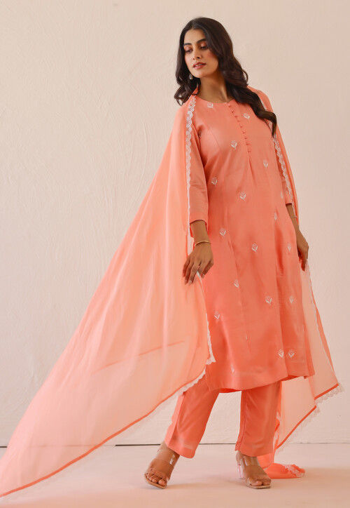 Buy Embroidered Pure Silk Pakistani Suit in Orange Online : KJY910 ...
