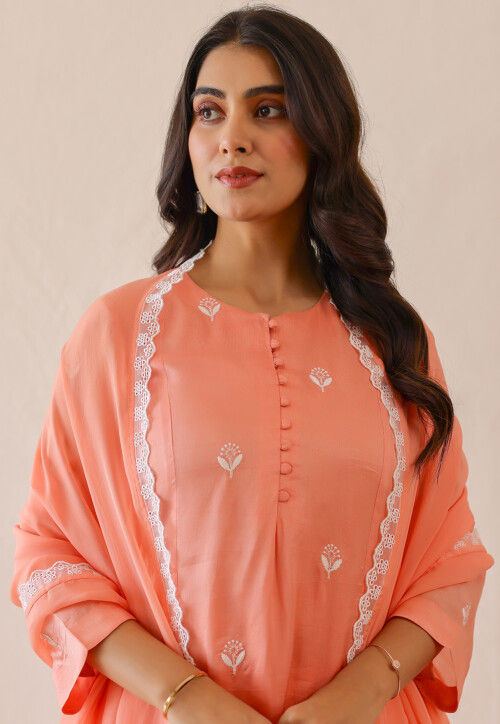 Buy Embroidered Pure Silk Pakistani Suit in Orange Online : KJY910 ...