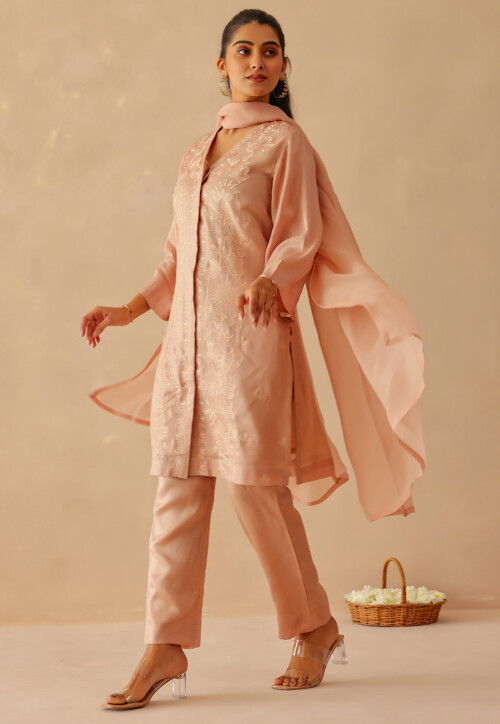 Buy Embroidered Pure Silk Pakistani Suit in Peach Online : KJY914 ...