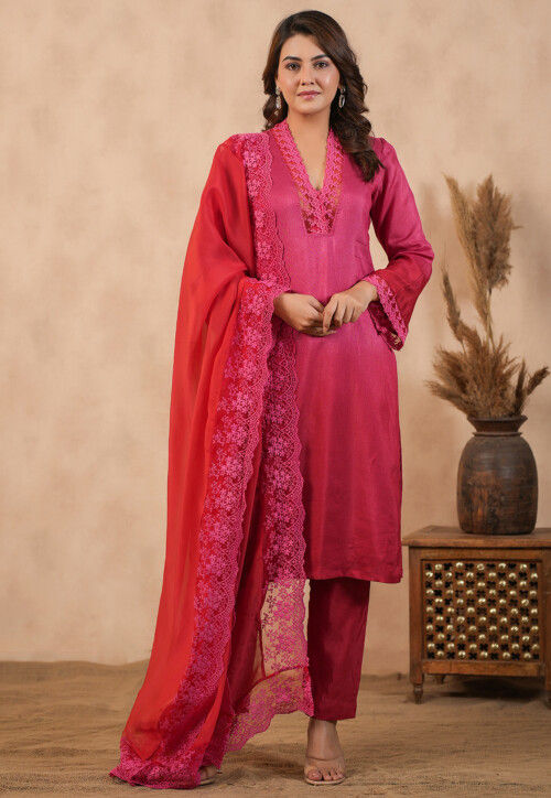 Buy Embroidered Pure Silk Pakistani Suit in Pink Online : KJY906 ...