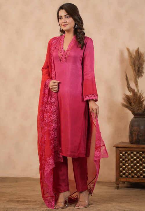 Buy Embroidered Pure Silk Pakistani Suit in Pink Online : KJY906 ...