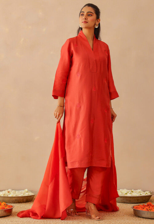 Buy Embroidered Pure Silk Pakistani Suit in Red Online : KJY916 - Utsav ...