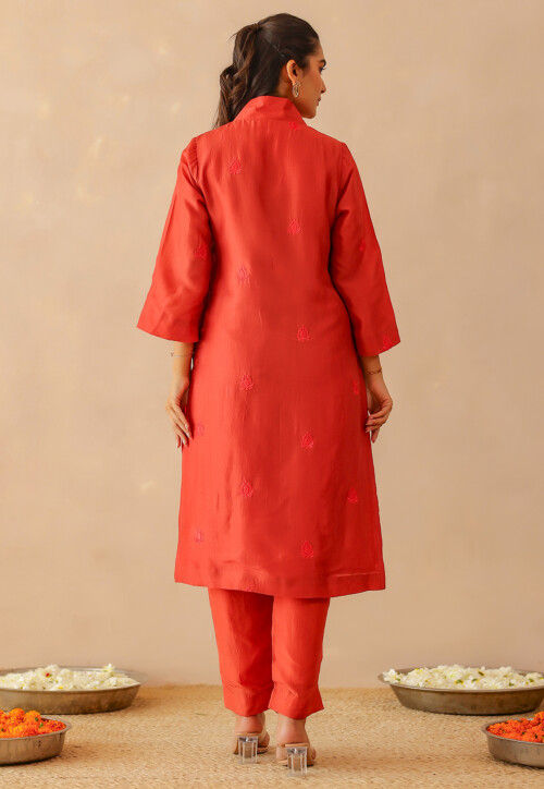 Buy Embroidered Pure Silk Pakistani Suit in Red Online : KJY916 - Utsav ...