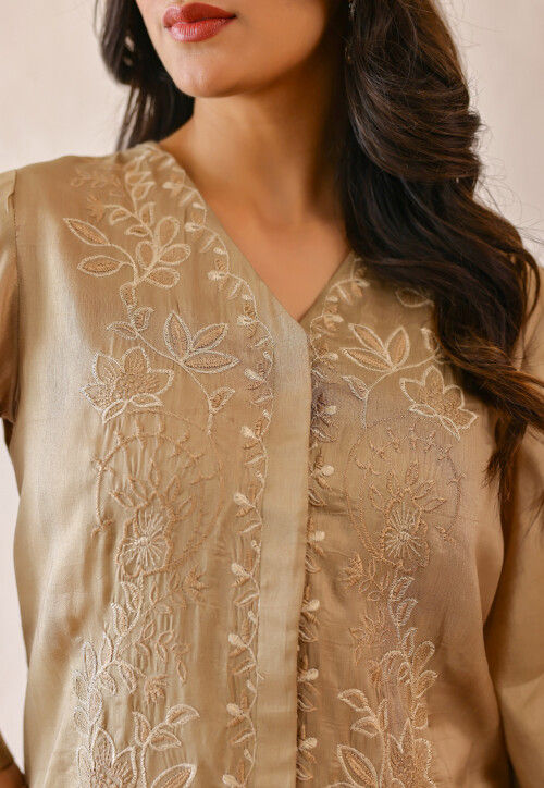 Buy Embroidered Pure Silk Straight Kurti Set in Beige Online : TRL82 ...