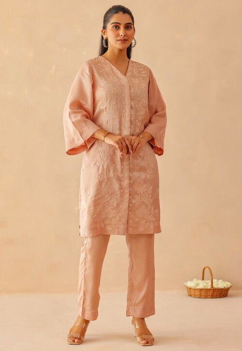 Buy Embroidered Pure Silk Straight Kurti Set in Peach Online : TRL81 ...