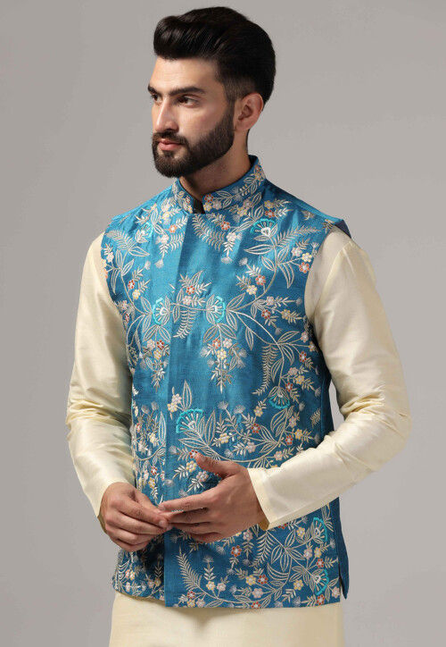 Buy Embroidered Raw Silk Nehru Jacket in Blue Online : MXH448 - Utsav ...