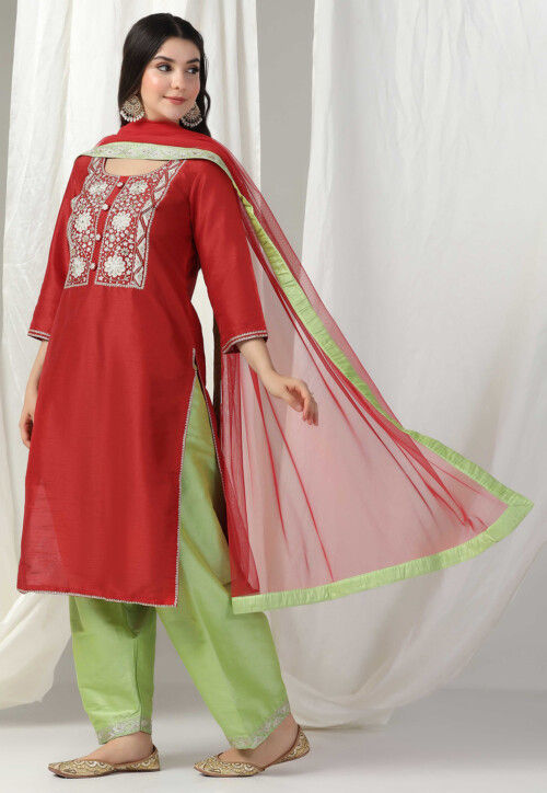 Buy Embroidered Raw Silk Pakistani Suit in Red Online : KPK338 - Utsav ...