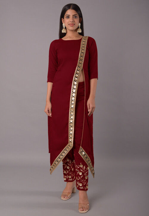 Buy Embroidered Rayon Front Slit Pakistani Suit in Maroon Online ...