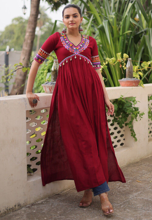 Buy Embroidered Rayon Kurta in Maroon Online : TWJ5783 - Utsav Fashion
