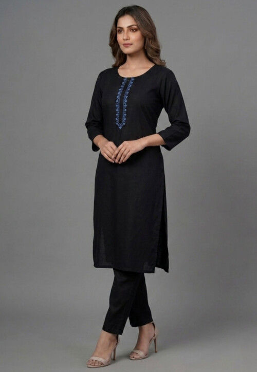Buy Embroidered Rayon Kurta Set in Black Online : TDW506 - Utsav Fashion
