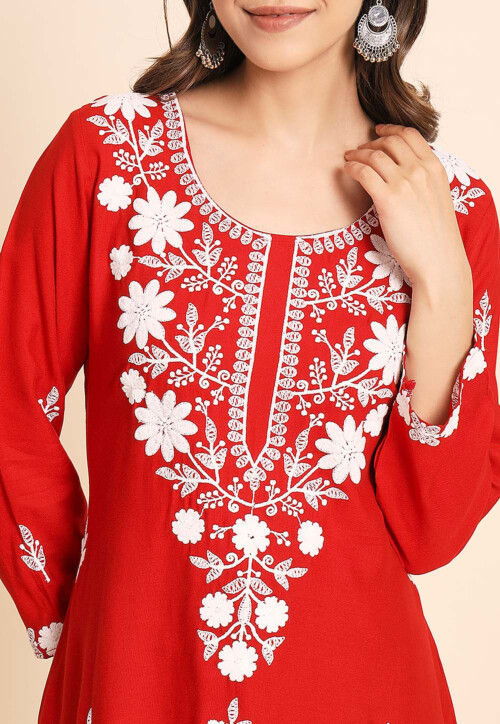 Buy Embroidered Rayon Kurti in Red Online : TPA2828 - Utsav Fashion