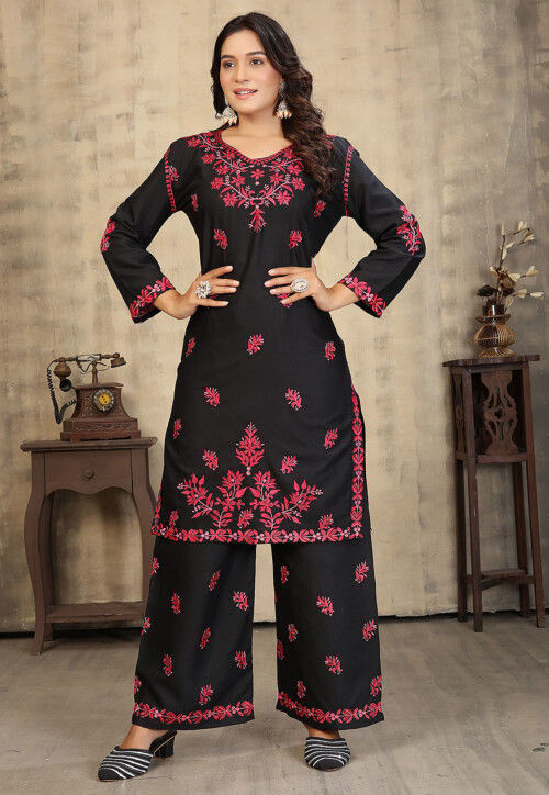 Buy Embroidered Rayon Straight Kurta Set in Black Online : TGW4549 ...