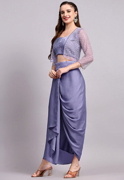 Buy Embroidered Satin Georgette Crop Top set in Dusty Blue Online ...