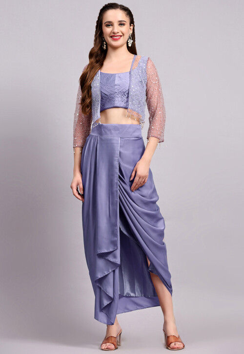 Buy Embroidered Satin Georgette Crop Top set in Dusty Blue Online ...