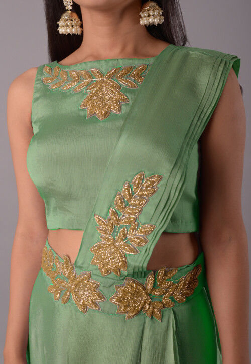 Buy Embroidered Satin Georgette Crop Top Set in Green Online : TBN144 ...
