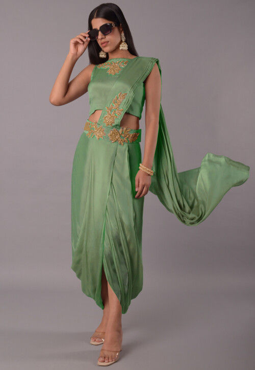 Buy Embroidered Satin Georgette Crop Top Set in Green Online : TBN144 ...