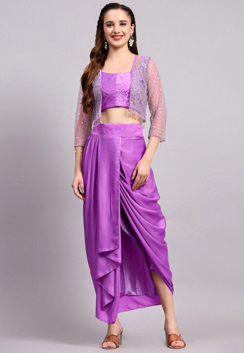 Buy Embroidered Satin Georgette Crop Top set in Light Purple Online ...