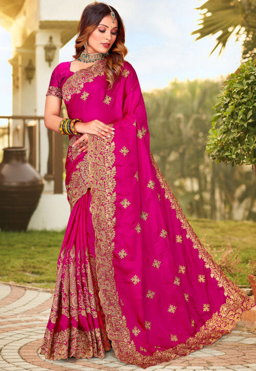Buy Embroidered Satin Saree in Magenta Online : SCBA4623 - Utsav Fashion