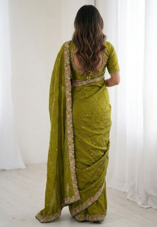 Buy Embroidered Satin Saree in Olive Green Online : SPFA15269 - Utsav ...