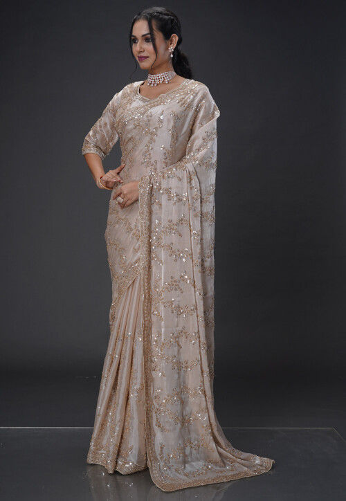Buy Embroidered Satin Scalloped Saree in Beige Online : SRHA61 - Utsav ...