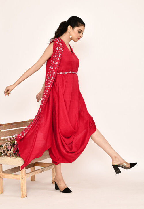 Buy Embroidered Satin Silk Cowl Style Dress in Red Online : TPK103 ...