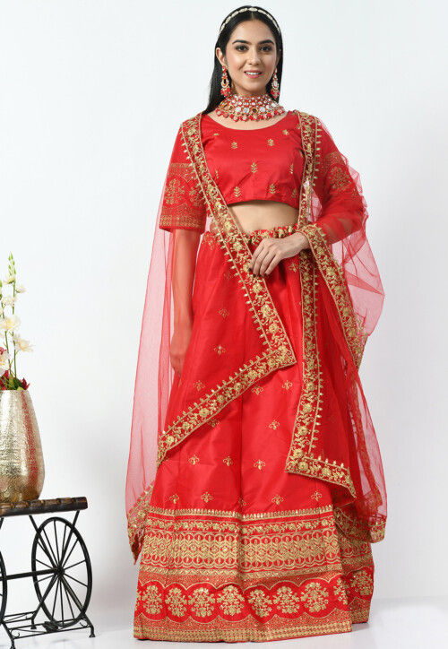 Buy Embroidered Satin Silk Lehenga in Red Online : LBC1648 - Utsav Fashion