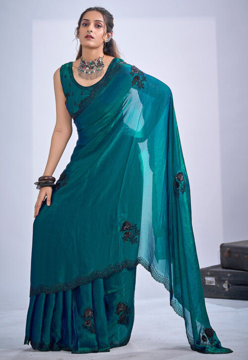 Buy Embroidered Satin Silk Saree in Turquoise Online : SFF4063 - Utsav ...