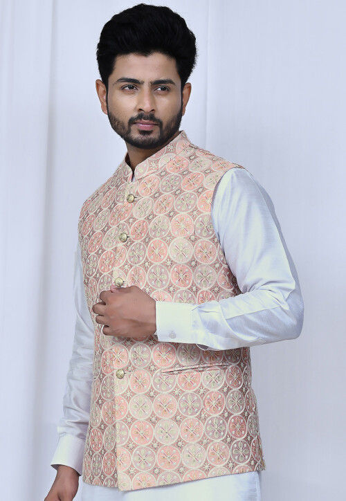Buy Embroidered Silk Nehru Jacket in Peach Online : MTX2939 - Utsav Fashion