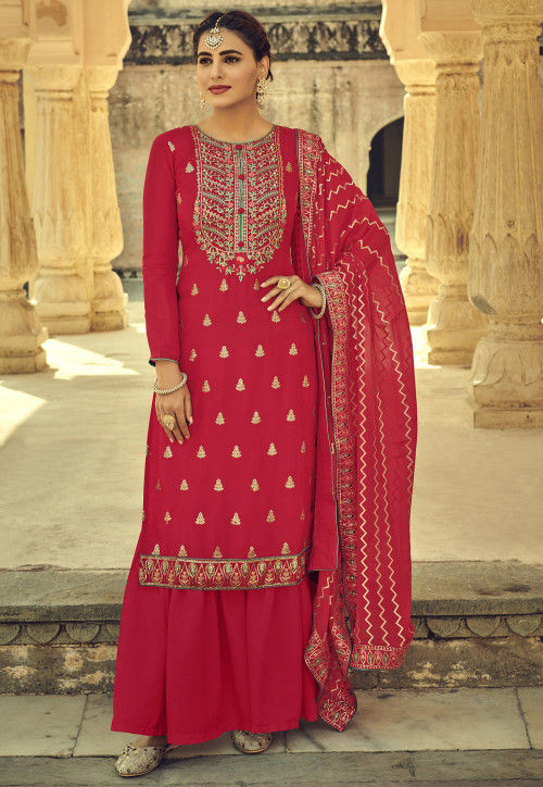 Buy Embroidered Taffeta Silk Pakistani Suit in Red Online : KCH5765 ...