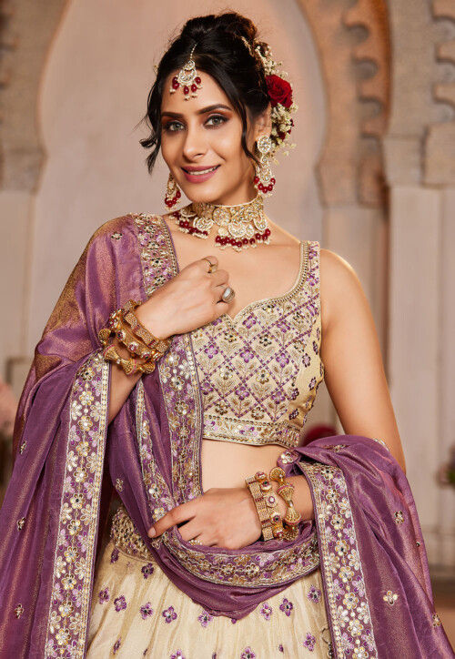 Buy Embroidered Tissue Lehenga in Beige Online : LUV148 - Utsav Fashion