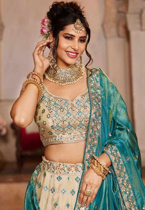 Buy Embroidered Tissue Lehenga in Beige Online : LUV149 - Utsav Fashion