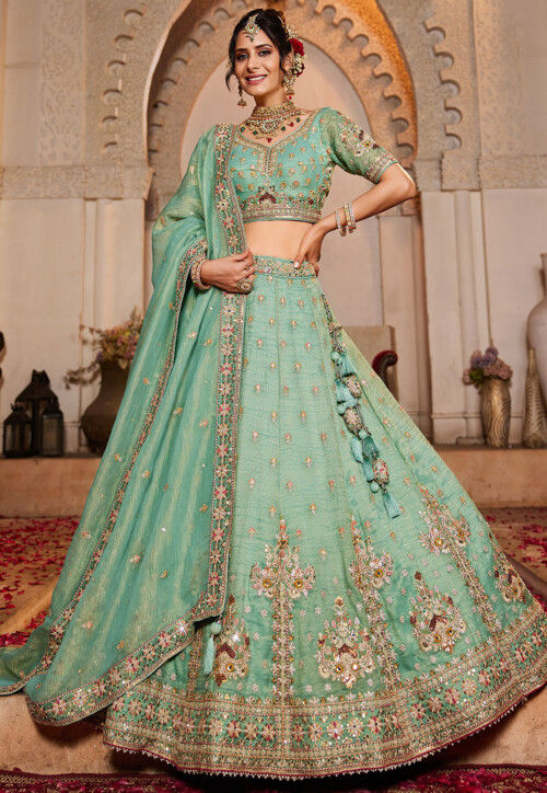 Buy Embroidered Tissue Lehenga in Sea Green Online : LUV133 - Utsav Fashion