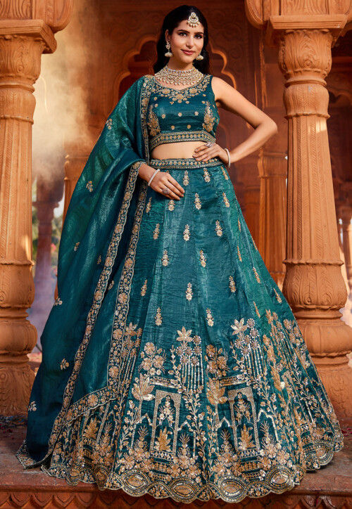 Buy Embroidered Tissue Lehenga in Teal Green Online : LUV175 - Utsav ...