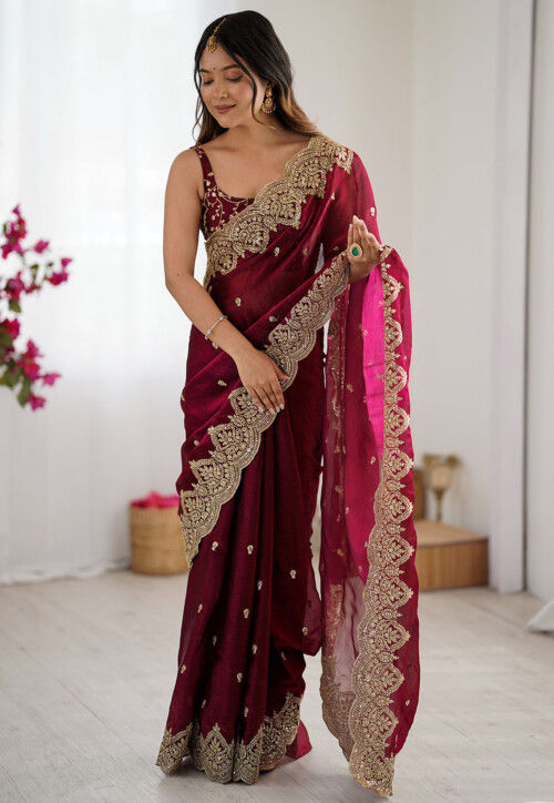 Buy Embroidered Tissue Scalloped Saree in Magenta Online : SPF17327 ...