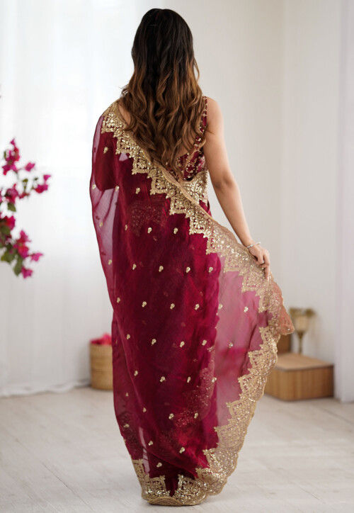 Buy Embroidered Tissue Scalloped Saree in Magenta Online : SPF17327 ...