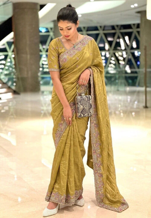 Buy Embroidered Tissue Scalloped Saree in Mustard Online : SPTA16881 ...