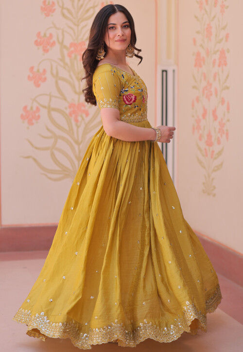 Buy Embroidered Tissue Silk Gown in Mustard Online : TPA4263 - Utsav ...