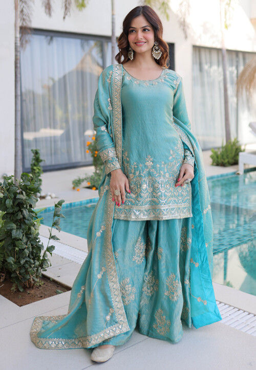 Buy Embroidered Tissue Silk Pakistani Suit in Sky Blue Online ...