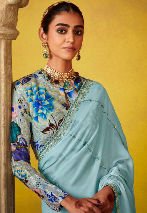 Buy Embroidered Tissue Silk Saree in Blue Online : SKGA2906 - Utsav Fashion