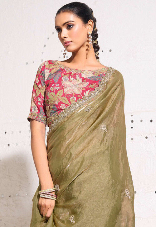 Buy Embroidered Tissue Silk Saree in Olive Green Online : SPCA1607 - Utsav Fashion