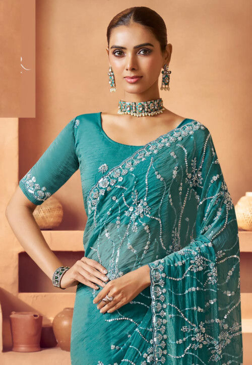Buy Embroidered Tissue Silk Saree in Teal Blue Online : SSEA6407 ...