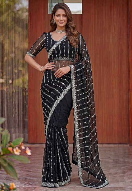 Buy Embroidered Tissue Silk Scalloped Saree in Black Online : SSEA10696 ...