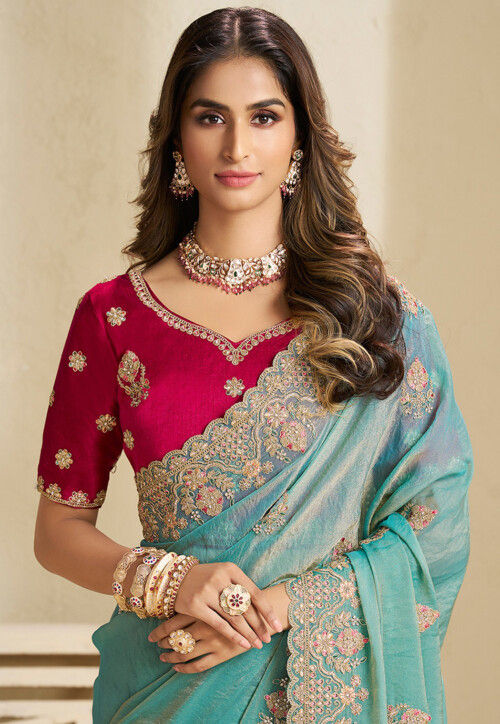 Buy Embroidered Tissue Silk Scalloped Saree in Turquoise Online ...
