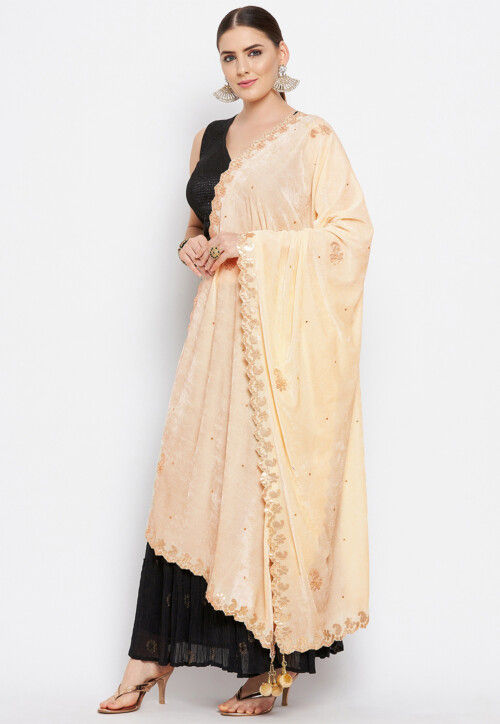 Buy Embroidered Velvet Dupatta in Light Beige Online : BGJ1032 - Utsav ...