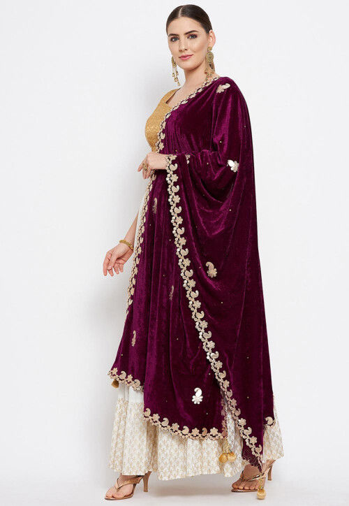 Buy Embroidered Velvet Dupatta in Violet Online : BGJ1038 - Utsav Fashion