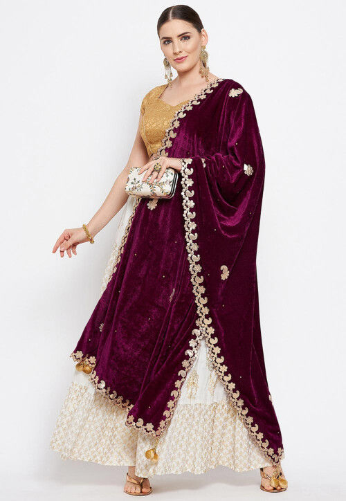 Buy Embroidered Velvet Dupatta in Violet Online : BGJ1038 - Utsav Fashion