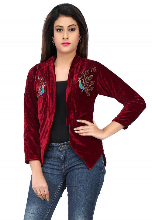 Buy Embroidered Velvet Jacket in Maroon Online : TJW1638 - Utsav Fashion